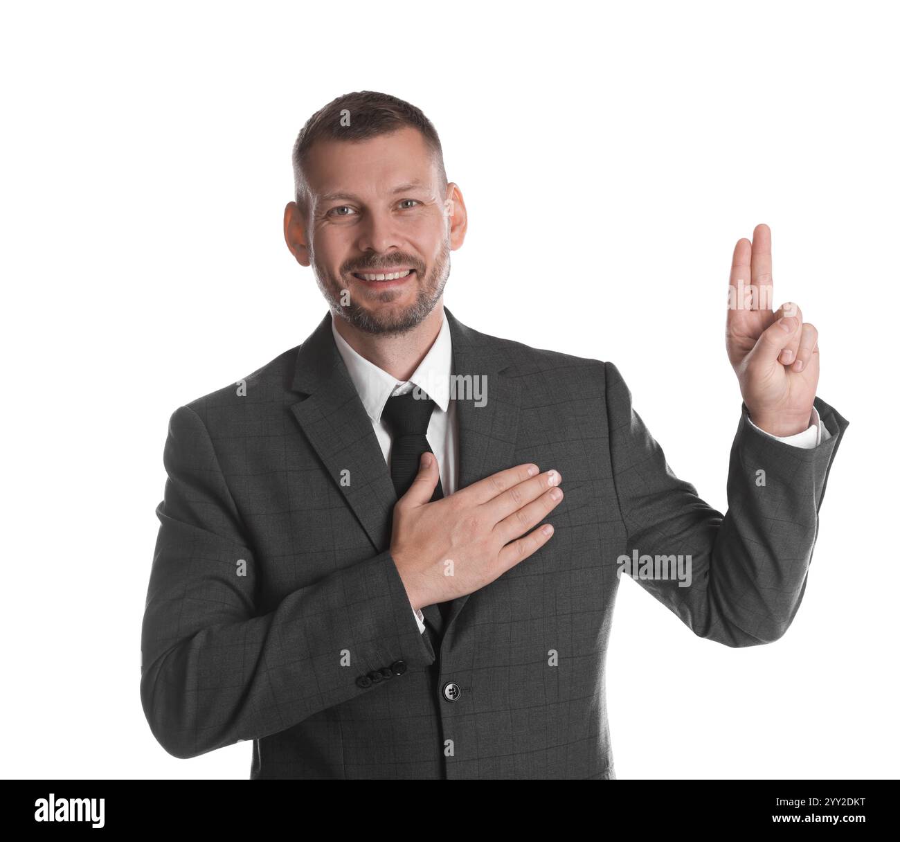 Man showing oath gesture on white background. Making promise Stock ...