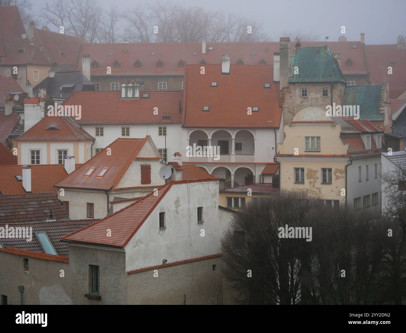 Cityscape of Cesky Krumlov historical center old town in a foggy gloomy ...