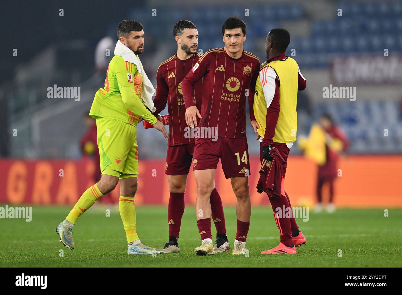 Mat Ryan of A.S. Roma, Mario Hermoso of A.S. Roma, Eldor Shomurodov of ...