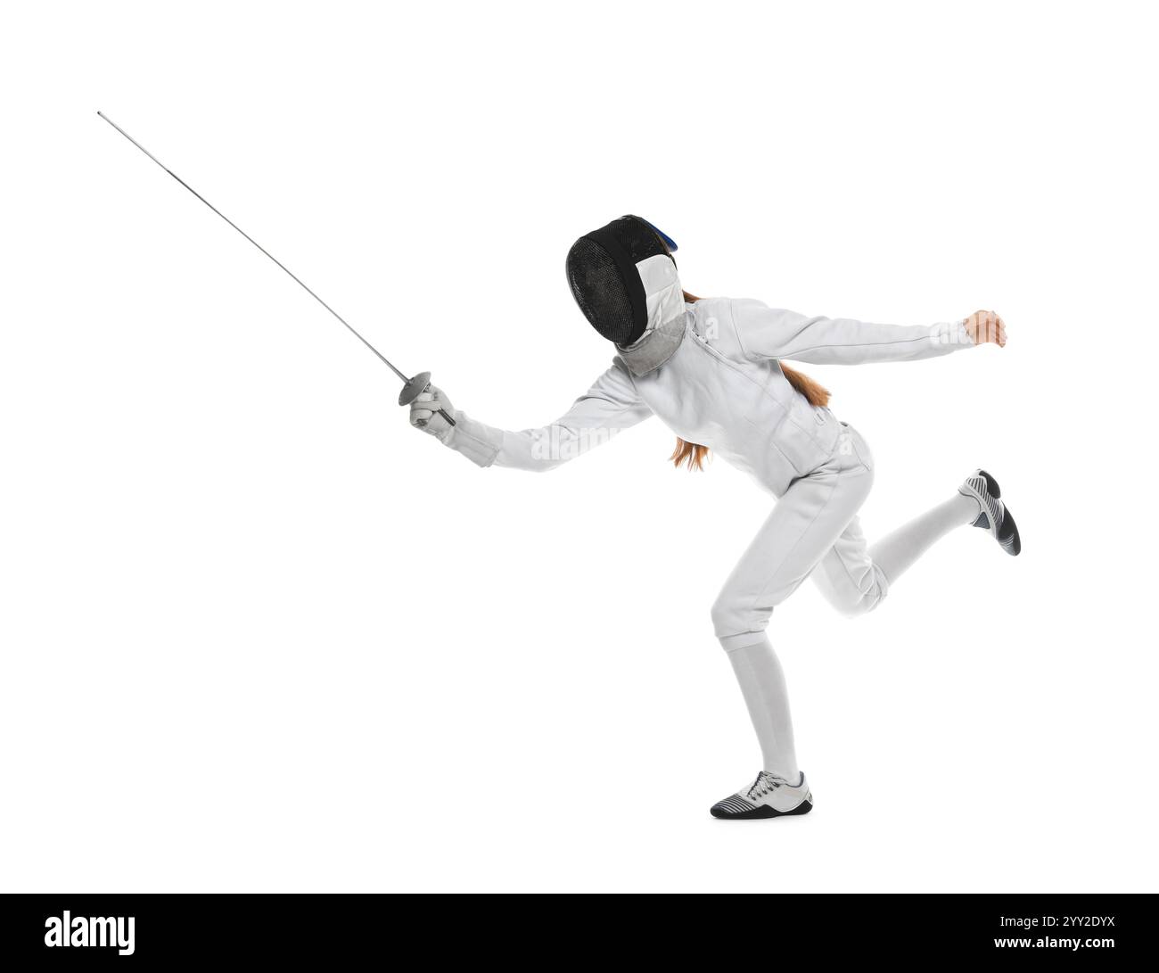 Fencer with epee practicing on white background Stock Photo - Alamy