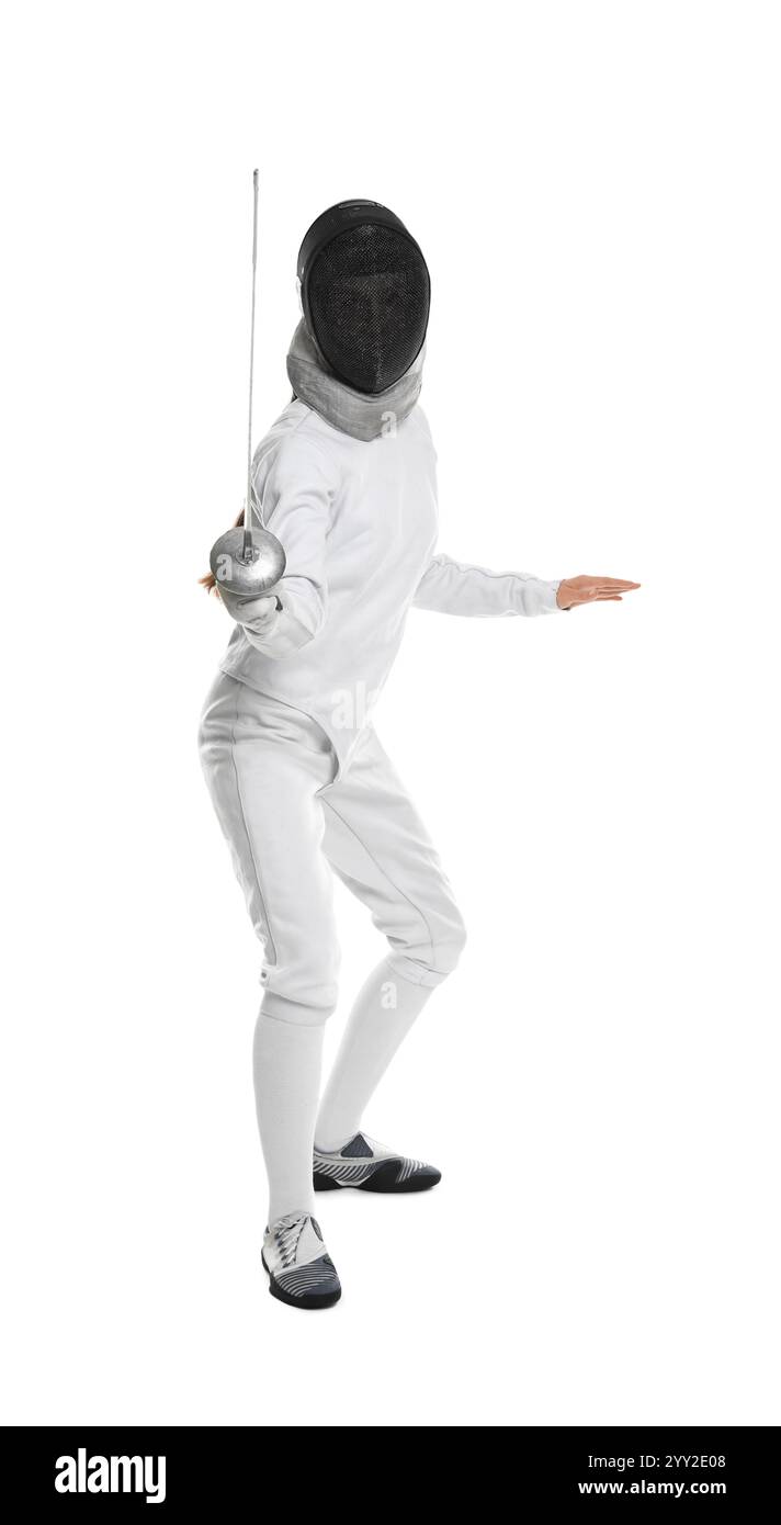 Fencer with epee practicing on white background Stock Photo - Alamy