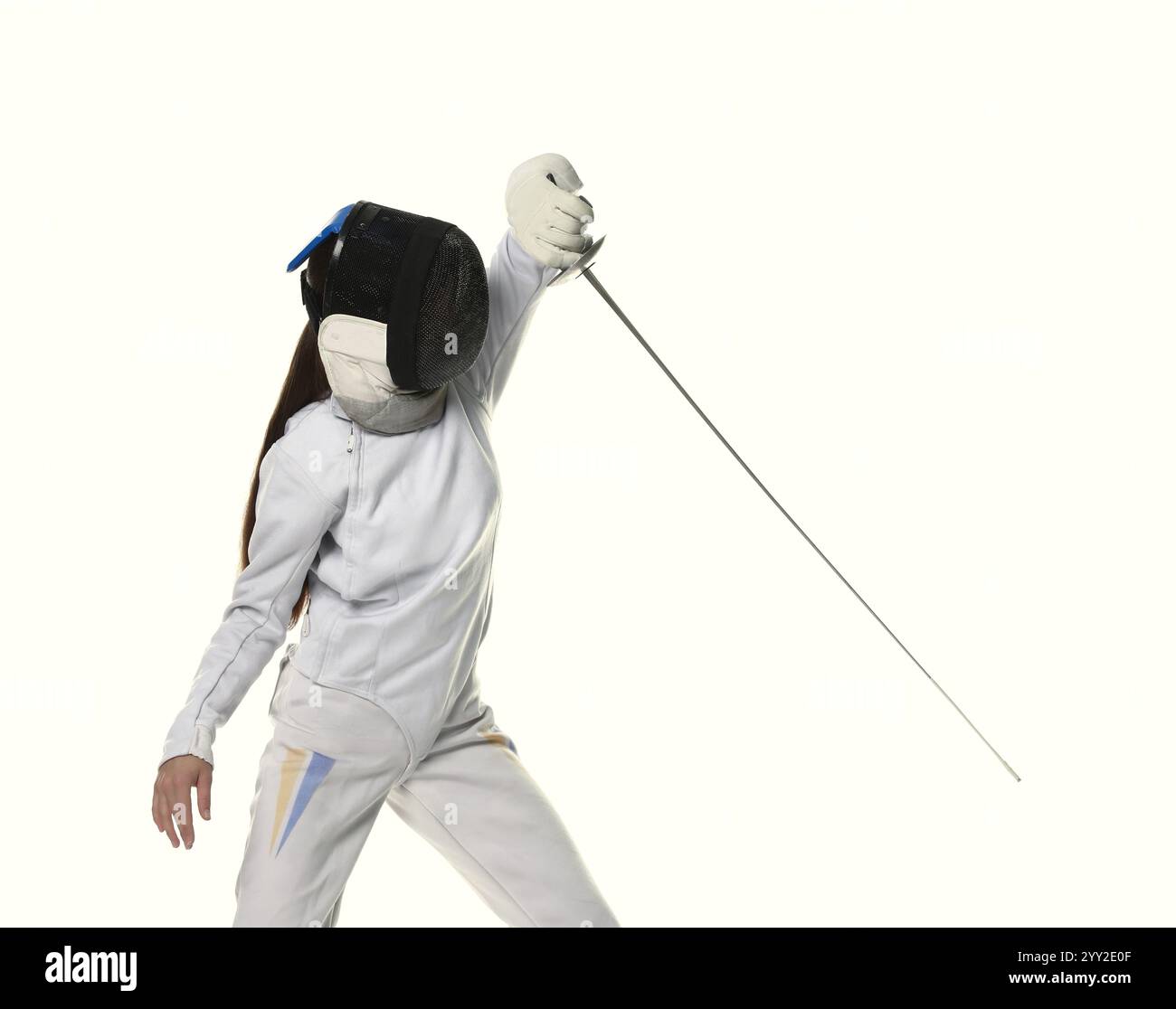 Fencer with epee practicing on white background Stock Photo - Alamy