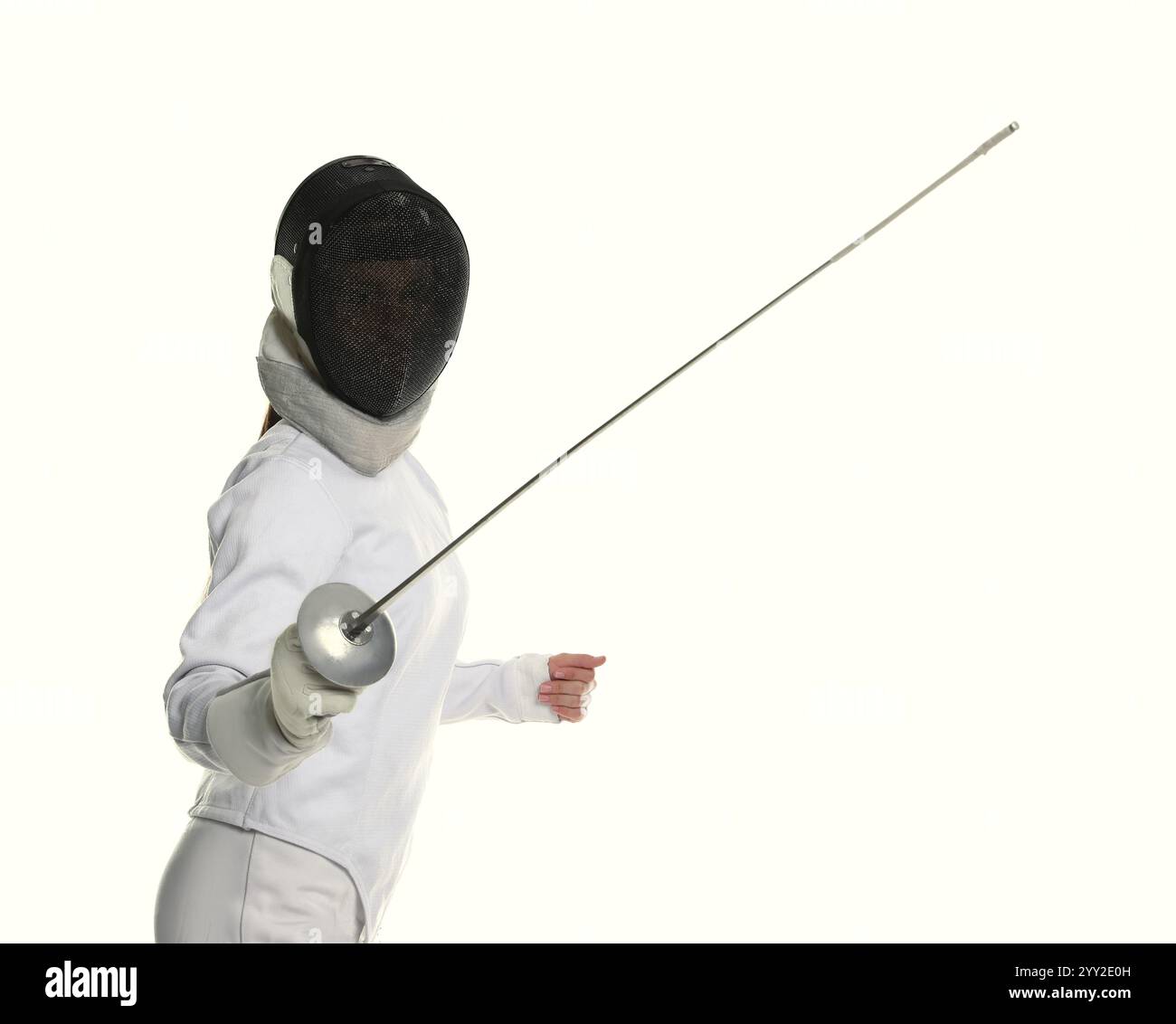 Fencer with epee practicing on white background Stock Photo - Alamy
