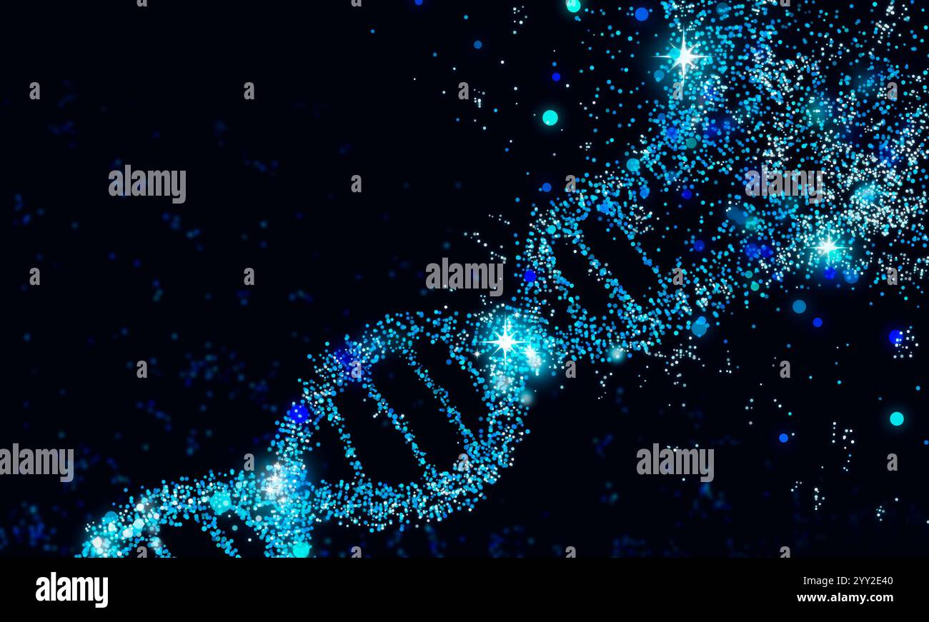 DNA double helix structure dissolving into atoms on black background ...