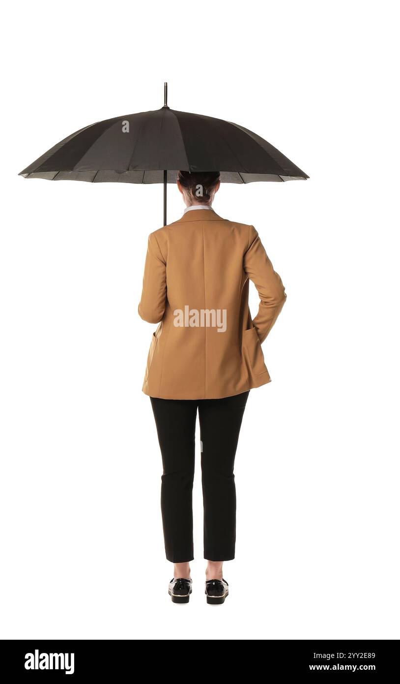 Young woman with black umbrella on white background, back view Stock ...