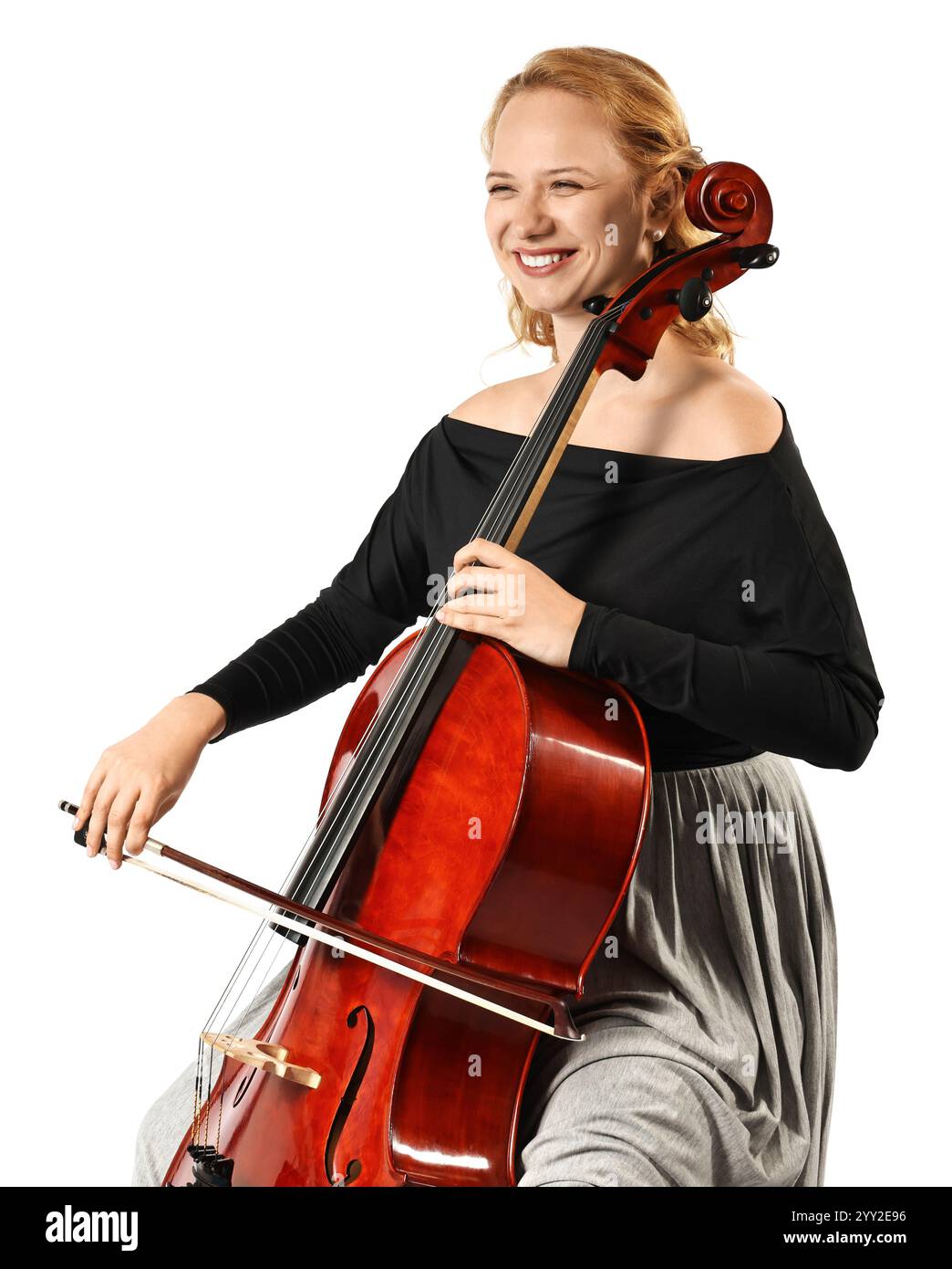 Beautiful young woman playing cello on white background Stock Photo - Alamy