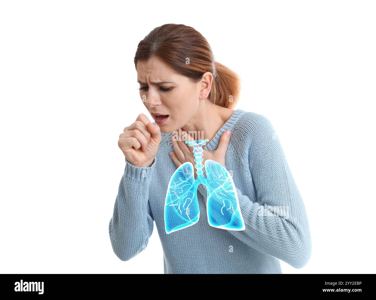 Woman with asthma coughing on white background. Illustration of lungs ...
