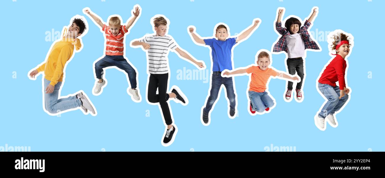 Happy kids with white outlines jumping on light blue background. Banner ...