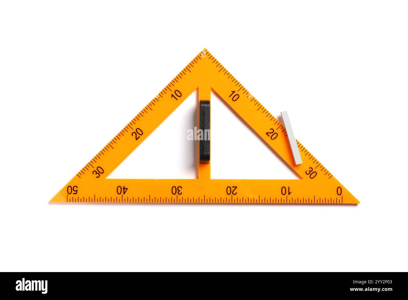 Triangle ruler and chalk isolated on white, top view Stock Photo - Alamy