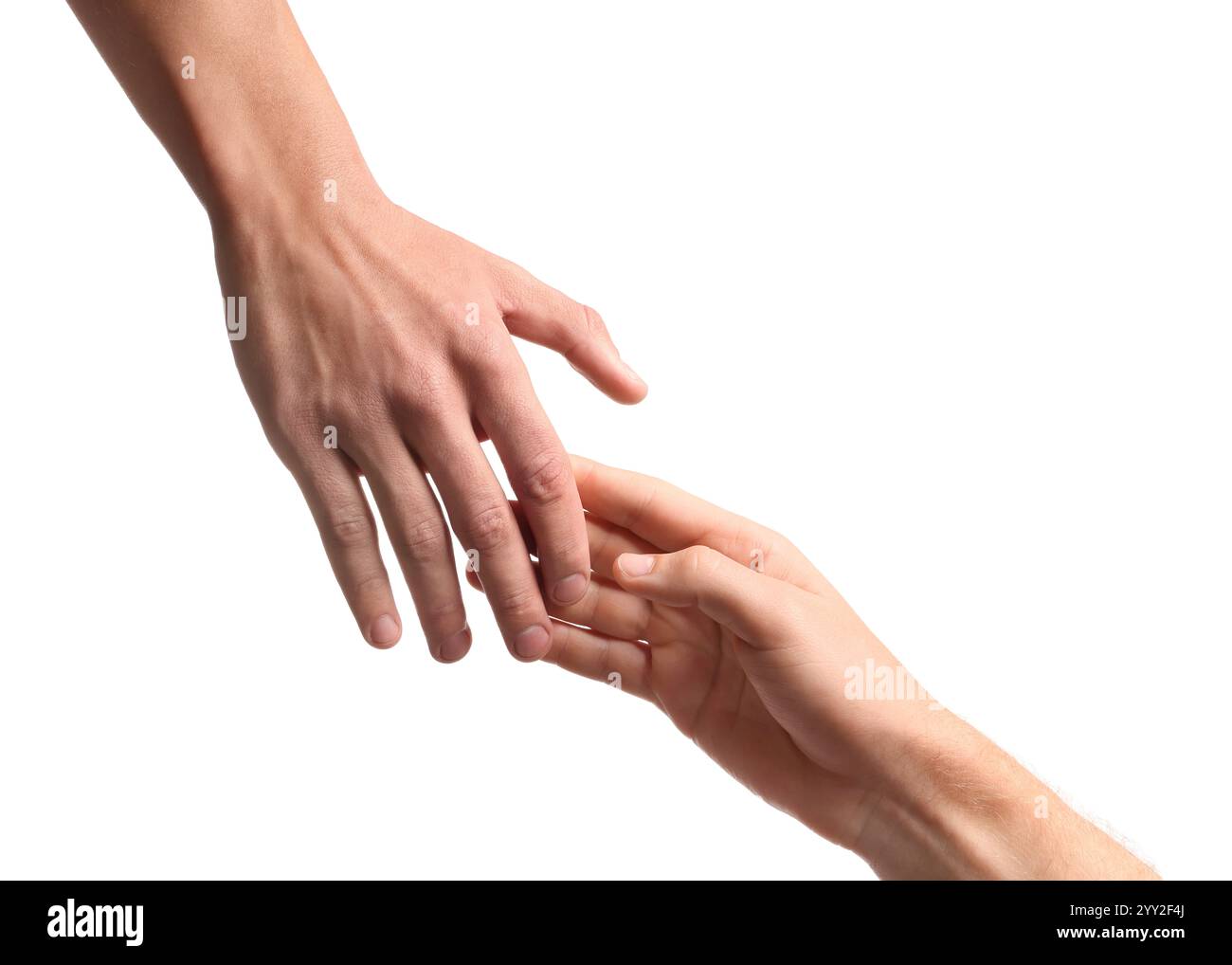 Man reaching for helping hand on white background, closeup Stock Photo ...