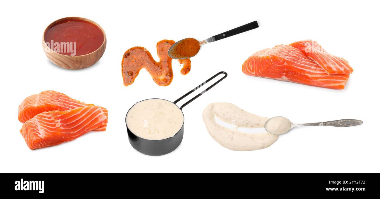 Different types of red fish marinade and salmon pieces on white ...