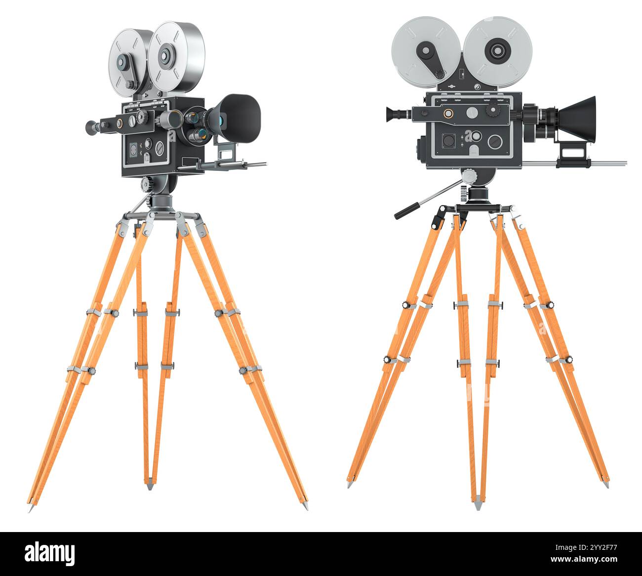 Retro movie camera, side and front views. 3D rendering isolated on ...