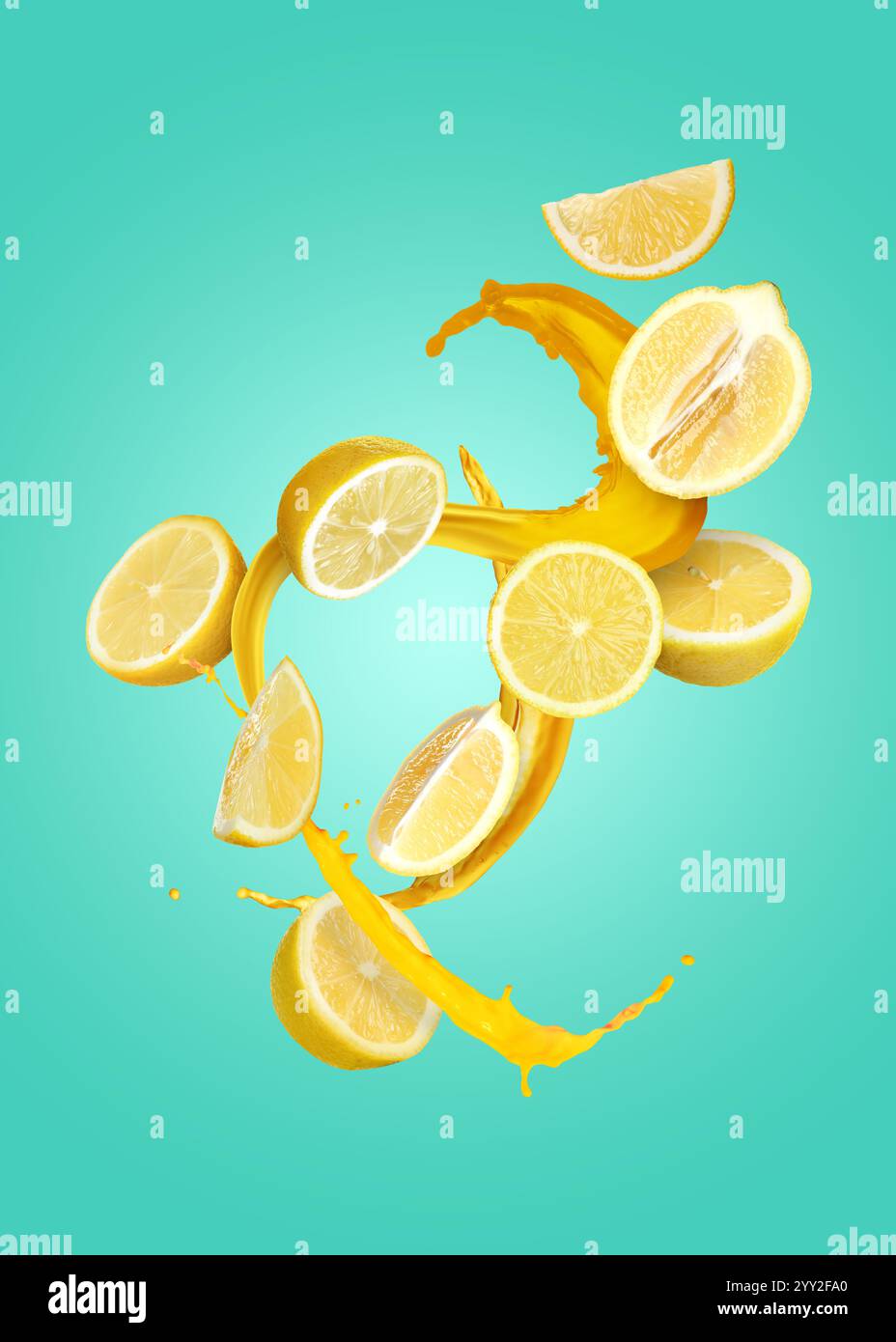 Fresh lemons and citrus juice splash in air on turquoise background Stock Photo - Alamy