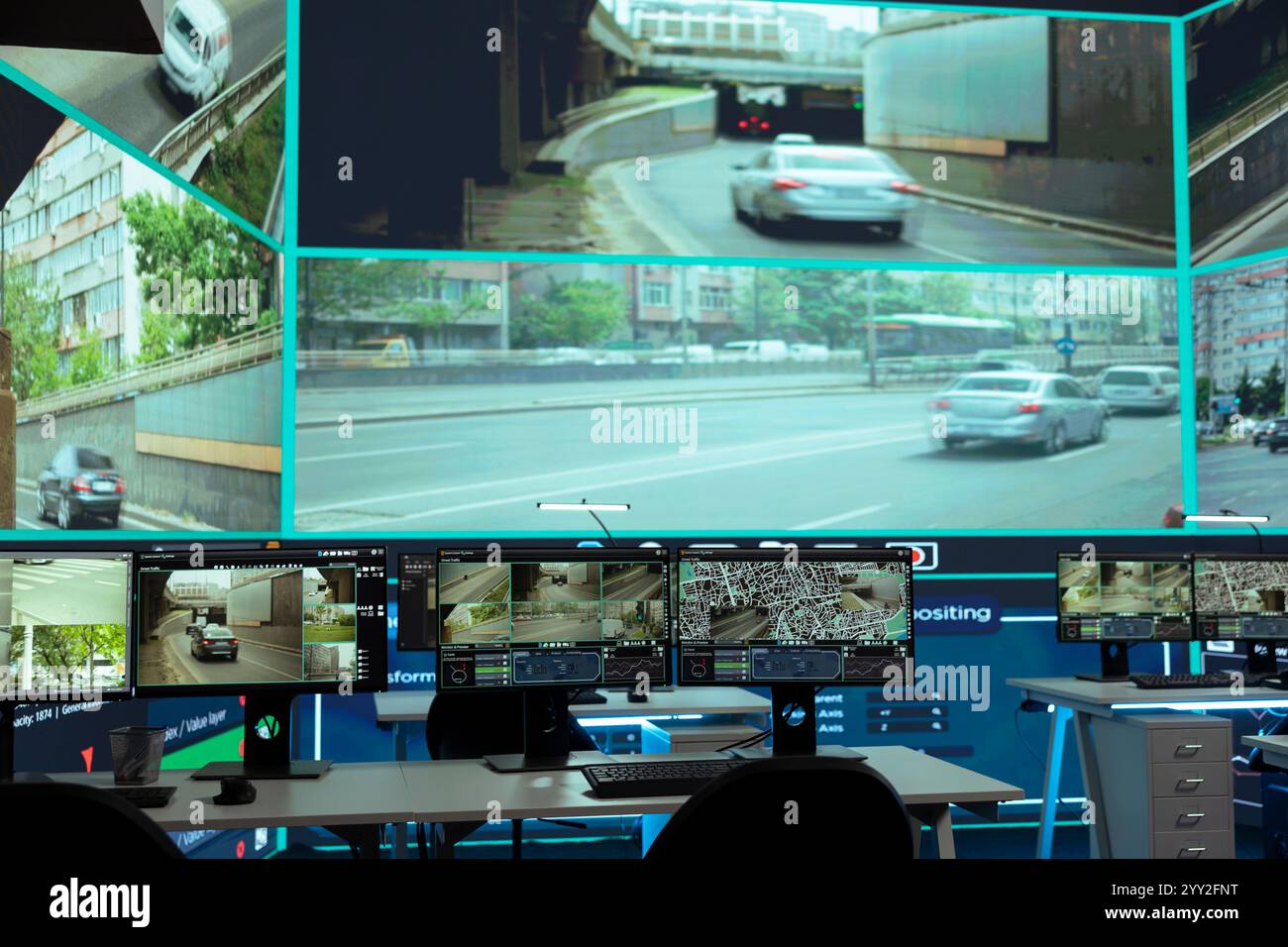 Public security headquarters office with CCTV cameras system and radar ...