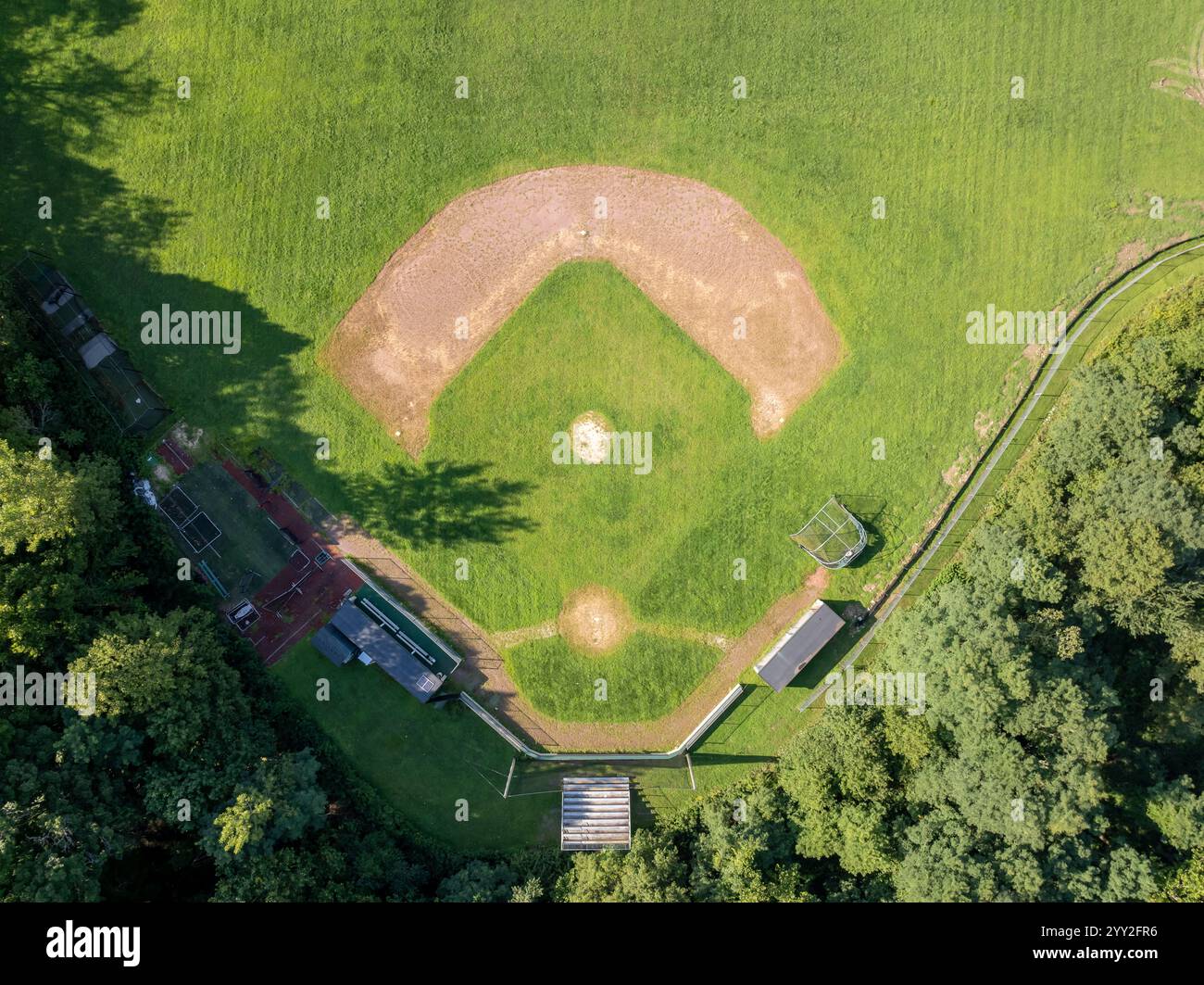 Aerial view of high school natural turf baseball field looking straight ...