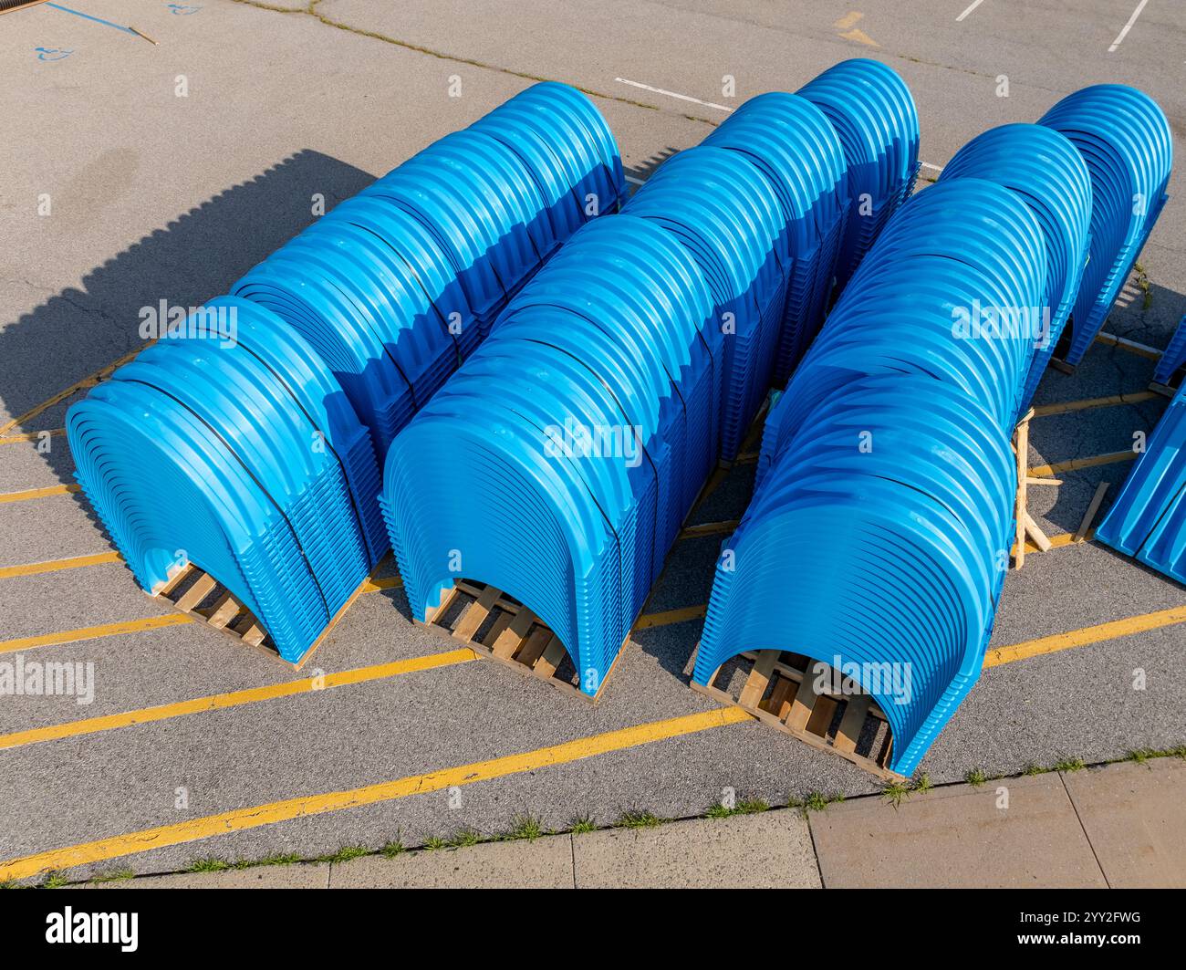 Stockpiled, stacked, blue underground storm water detention mitigation ...