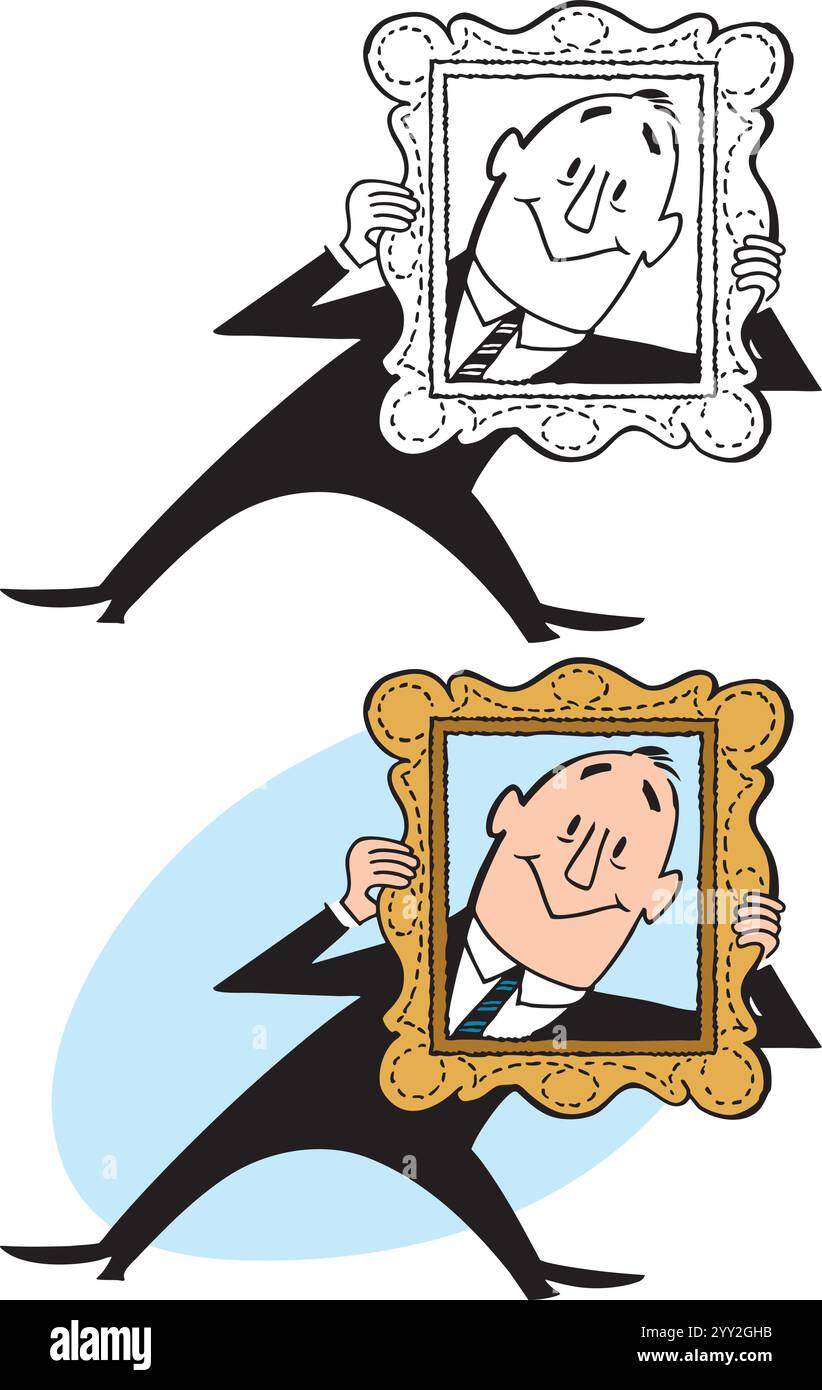 A vintage retro cartoon of a businessman holding up an empty picture ...