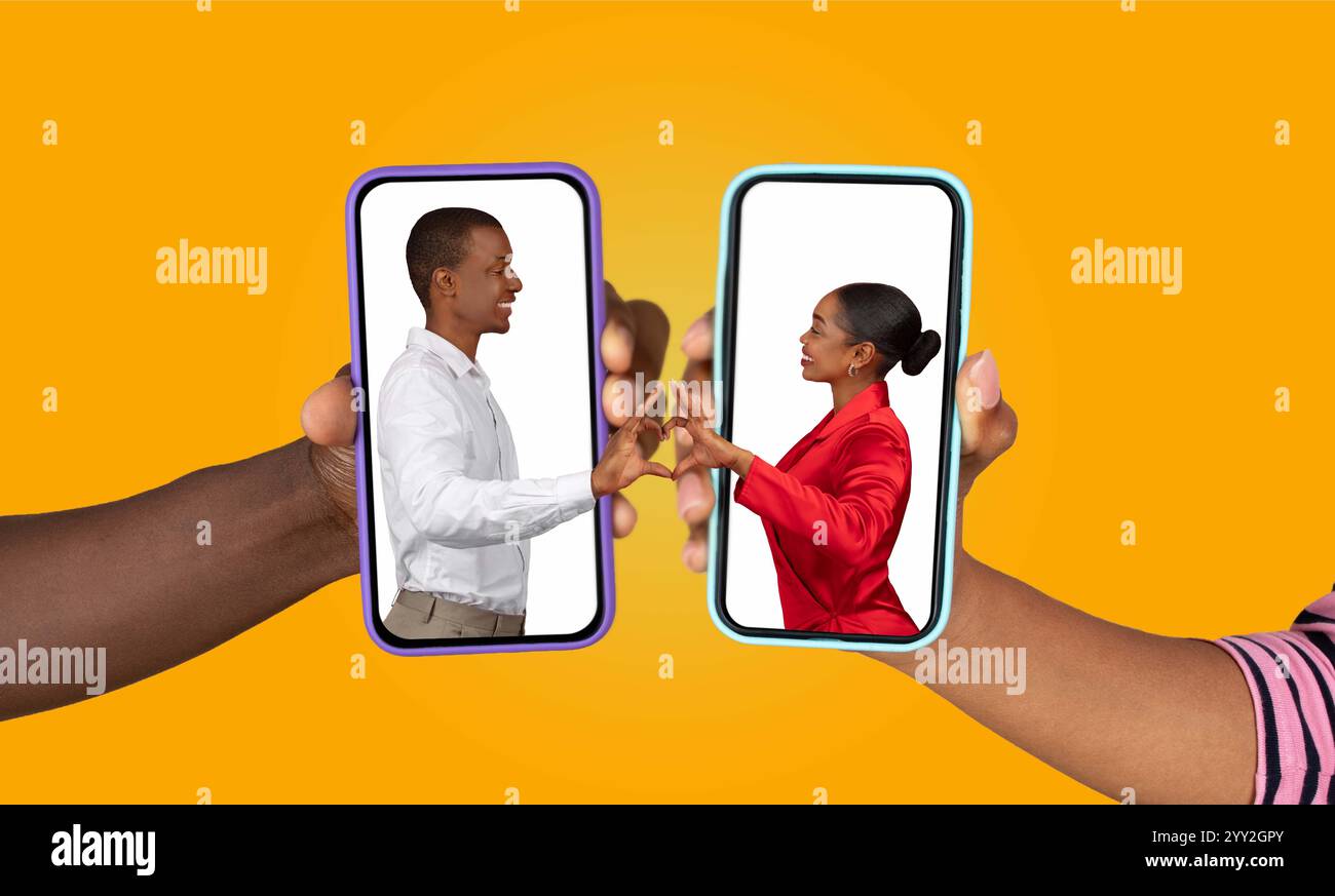 Couple connecting through smartphones while exchanging messages and ...