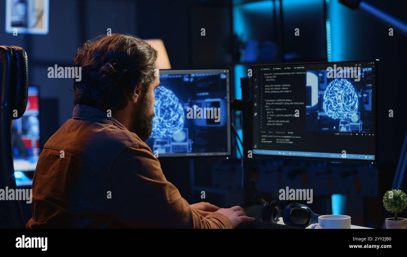 Developer Updating Artificial Intelligence Neural Networks Typing On Computer Keyboard In Neon
