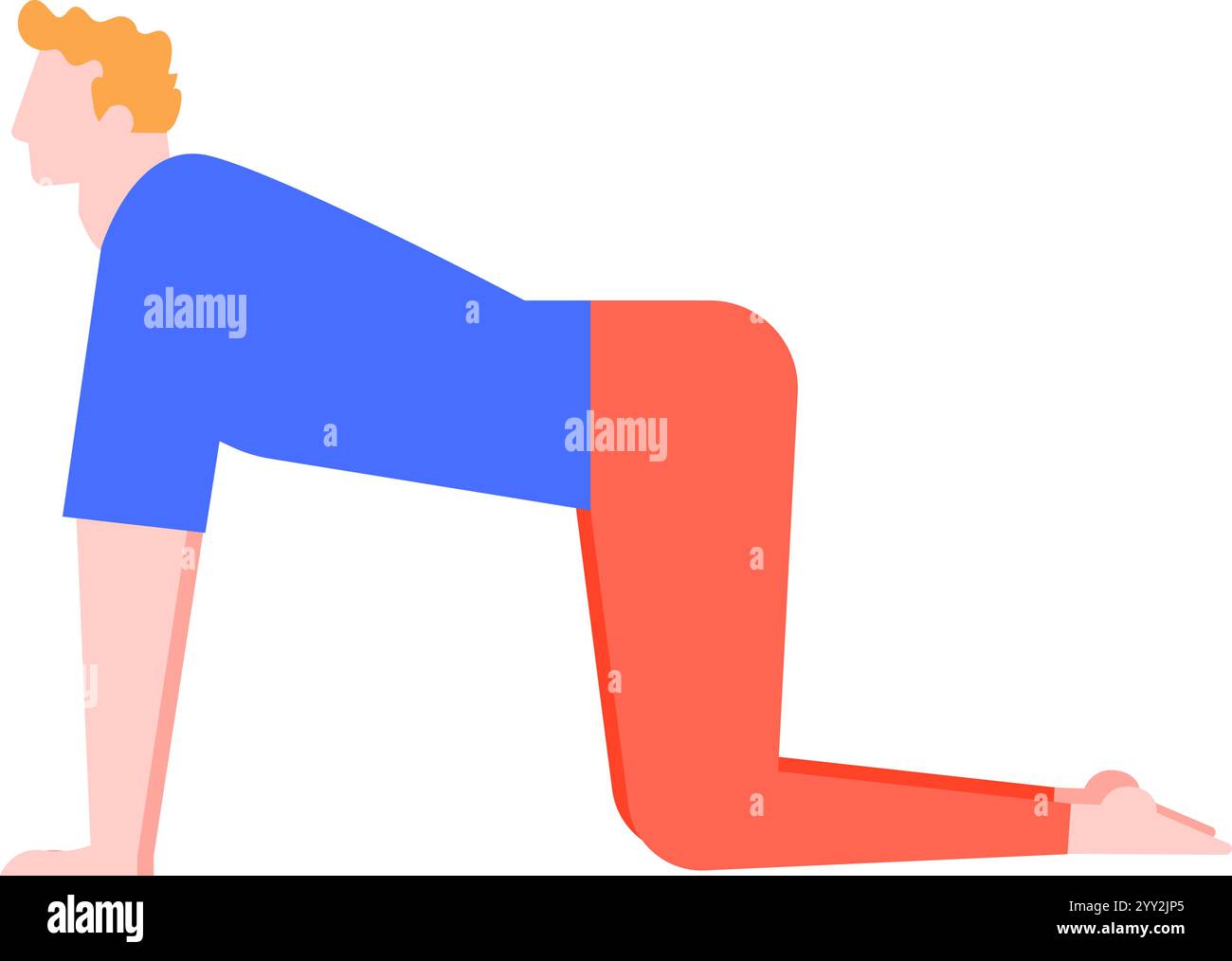 Young man practicing yoga, performing the cat pose stretching exercise ...