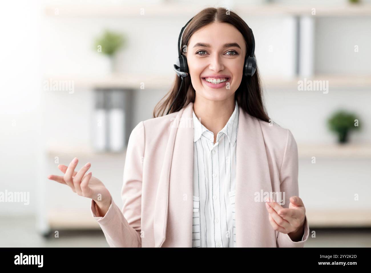 Portrait Of Hotline Operator Lady Wearing Headset Talking In Office ...