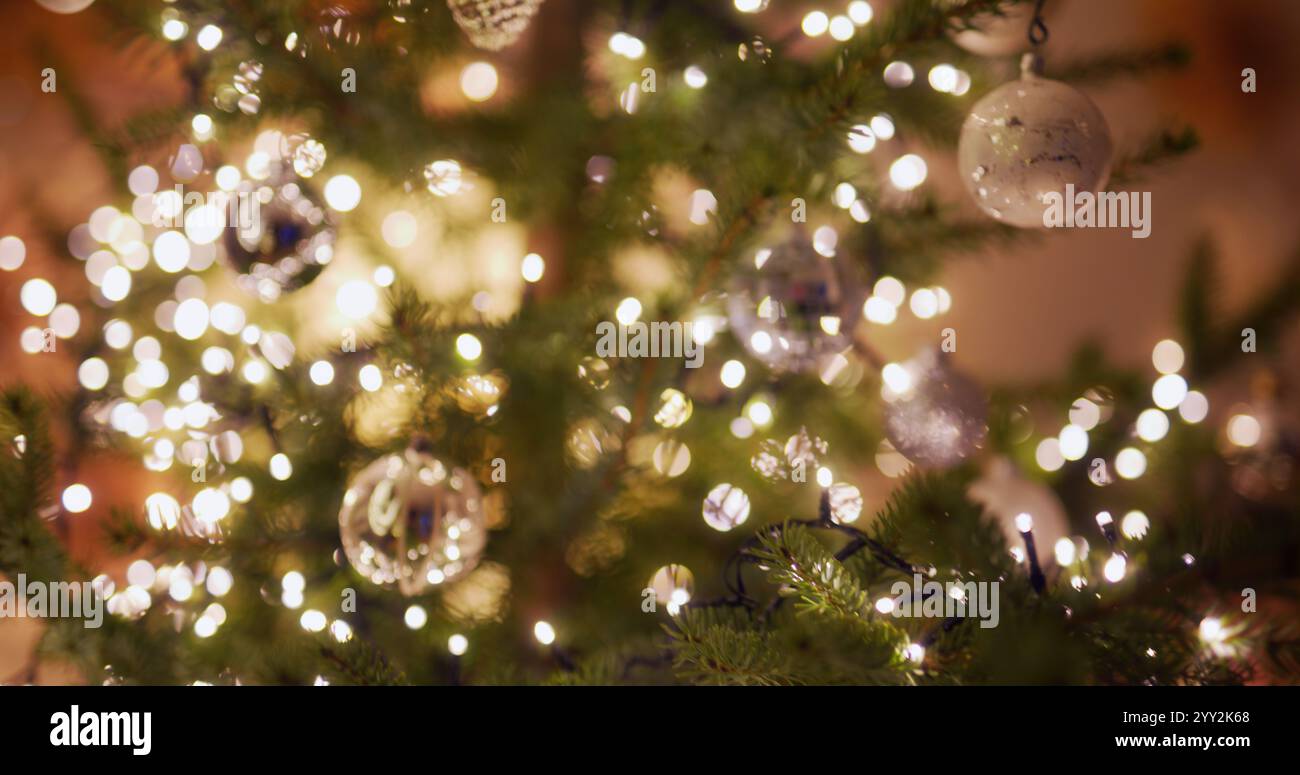 Decorated Christmas Tree with Baubles and Twinkling Lights Stock Photo ...