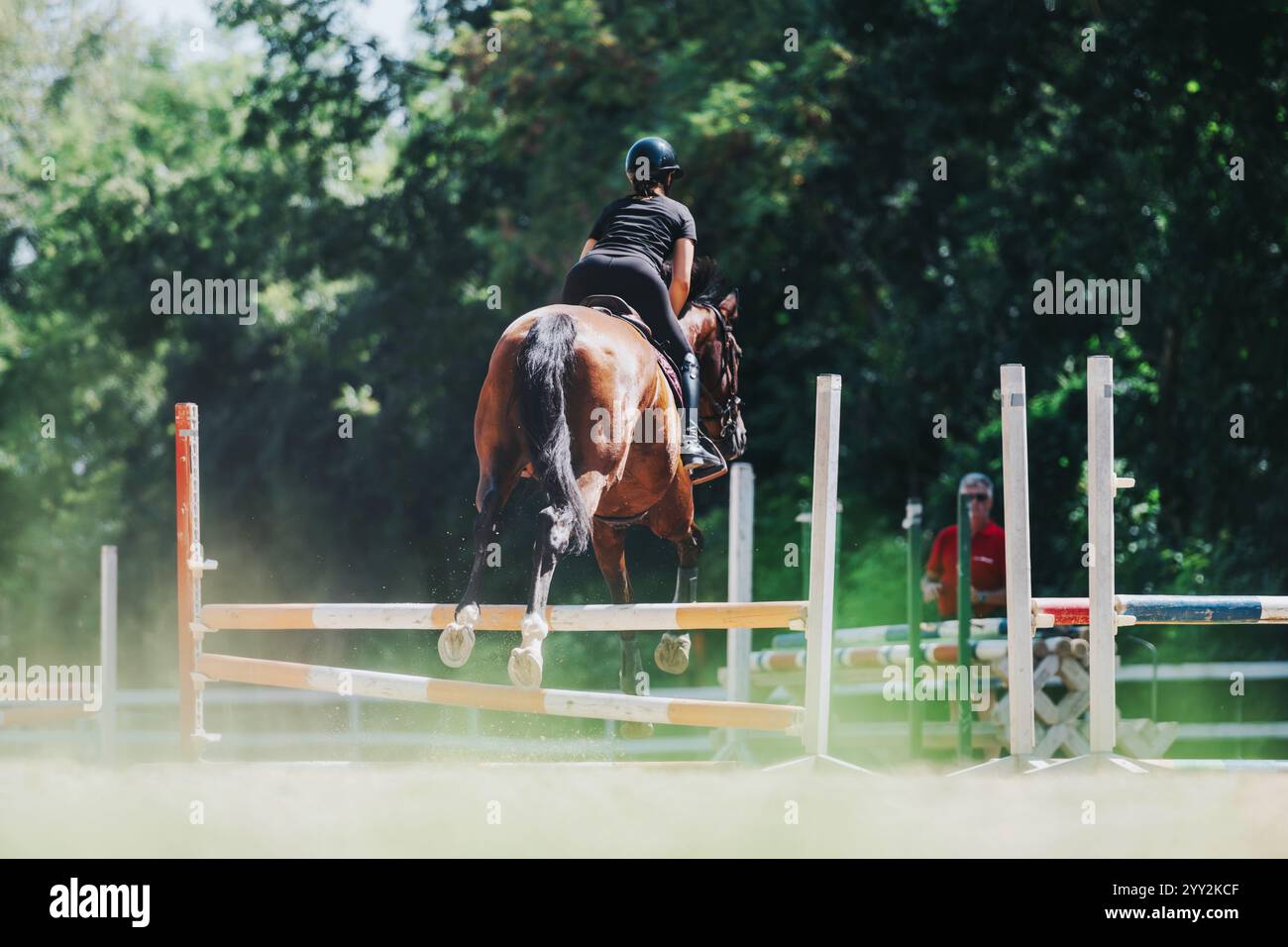 Equestrian horse jumping competition in sunny outdoor setting Stock ...