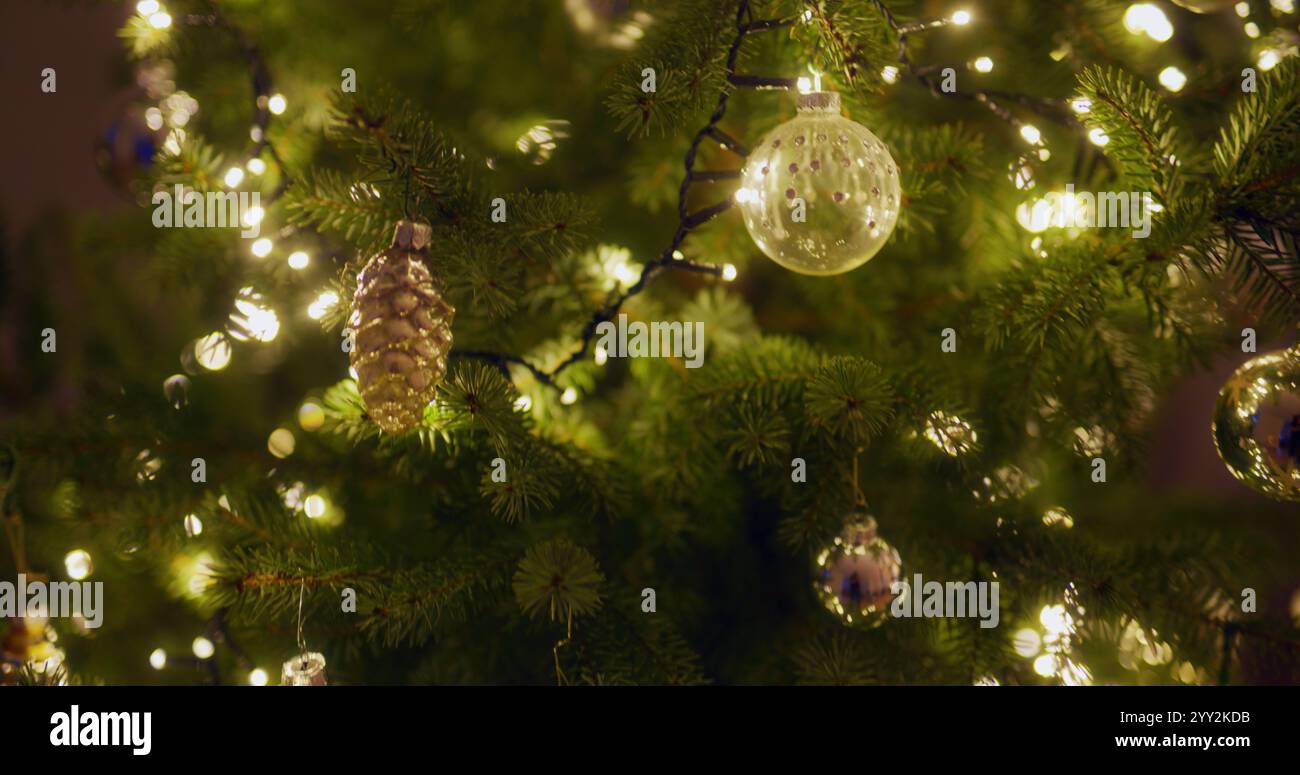 Beautiful Composition of Baubles and Lights on Decorated Tree Stock ...
