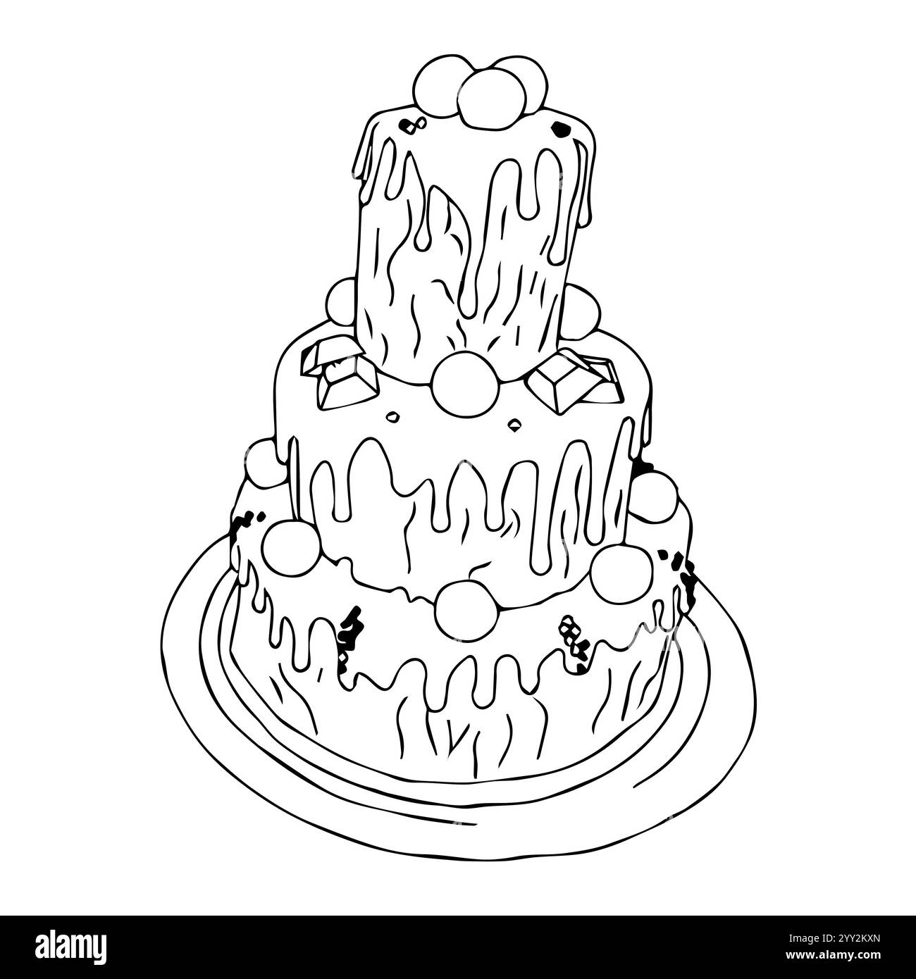 Three-tier cake decorated with chocolate candies, sprinkles, and ...