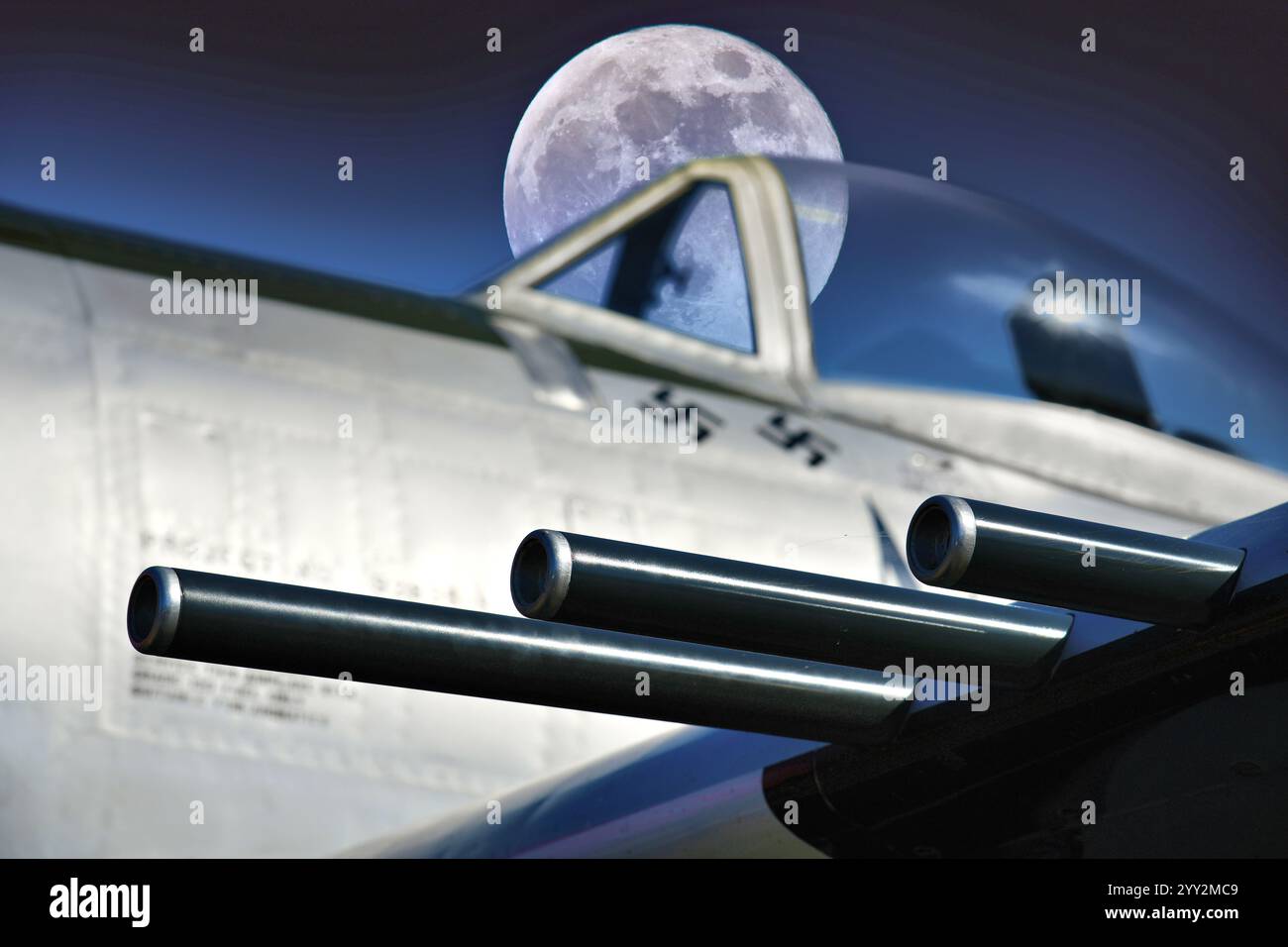 WWII Republic Thunderbolt 50 calibre wing cannons against full moon at ...