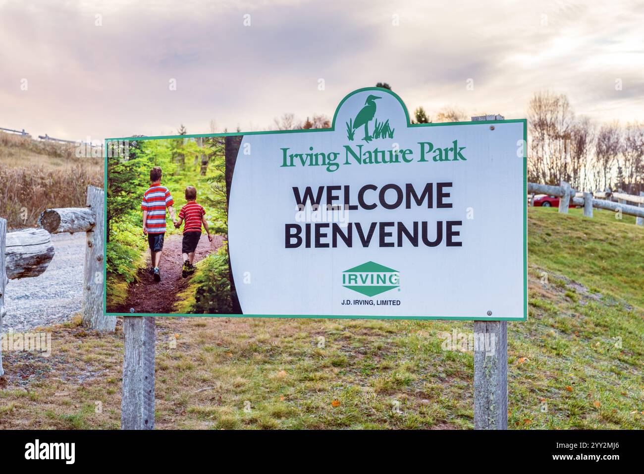 Welcome sign located at the entrance of the Irving Nature Park in Saint ...