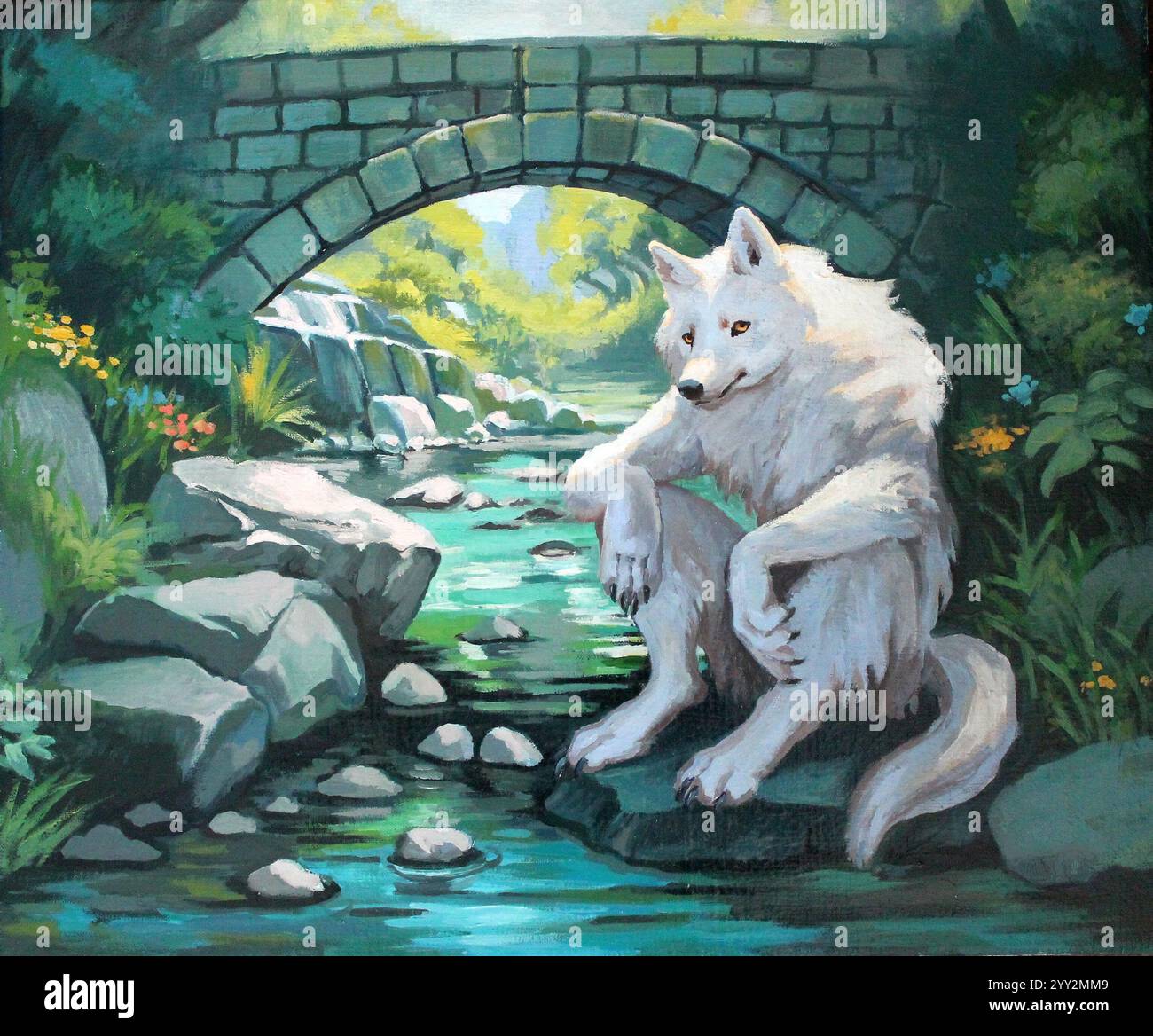 white furry wolf werewolf sits and rests by the stream, there is a ...
