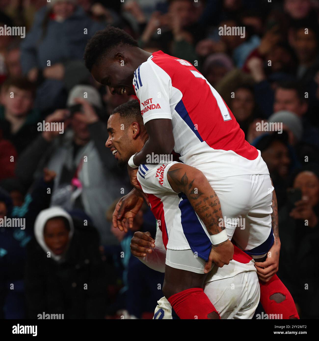 Gabriel Jesus of Arsenal celebrates with Bukayo Saka after he scored ...