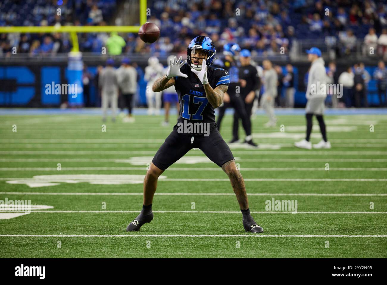 Detroit Lions wide receiver Tim Patrick (17) warms up against Buffalo ...