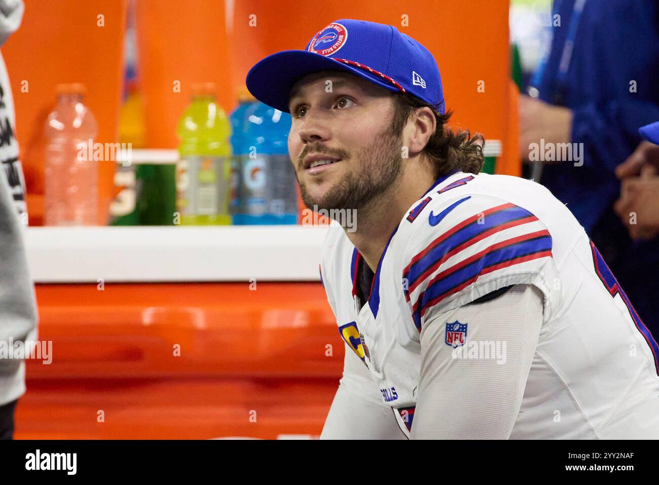 Buffalo Bills quarterback Josh Allen (17) on the sideline against the ...