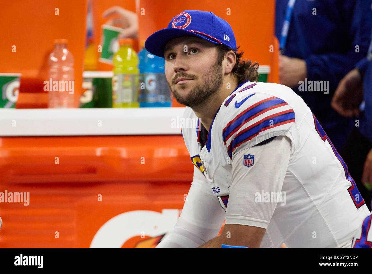 Buffalo Bills quarterback Josh Allen (17) on the sideline against the ...