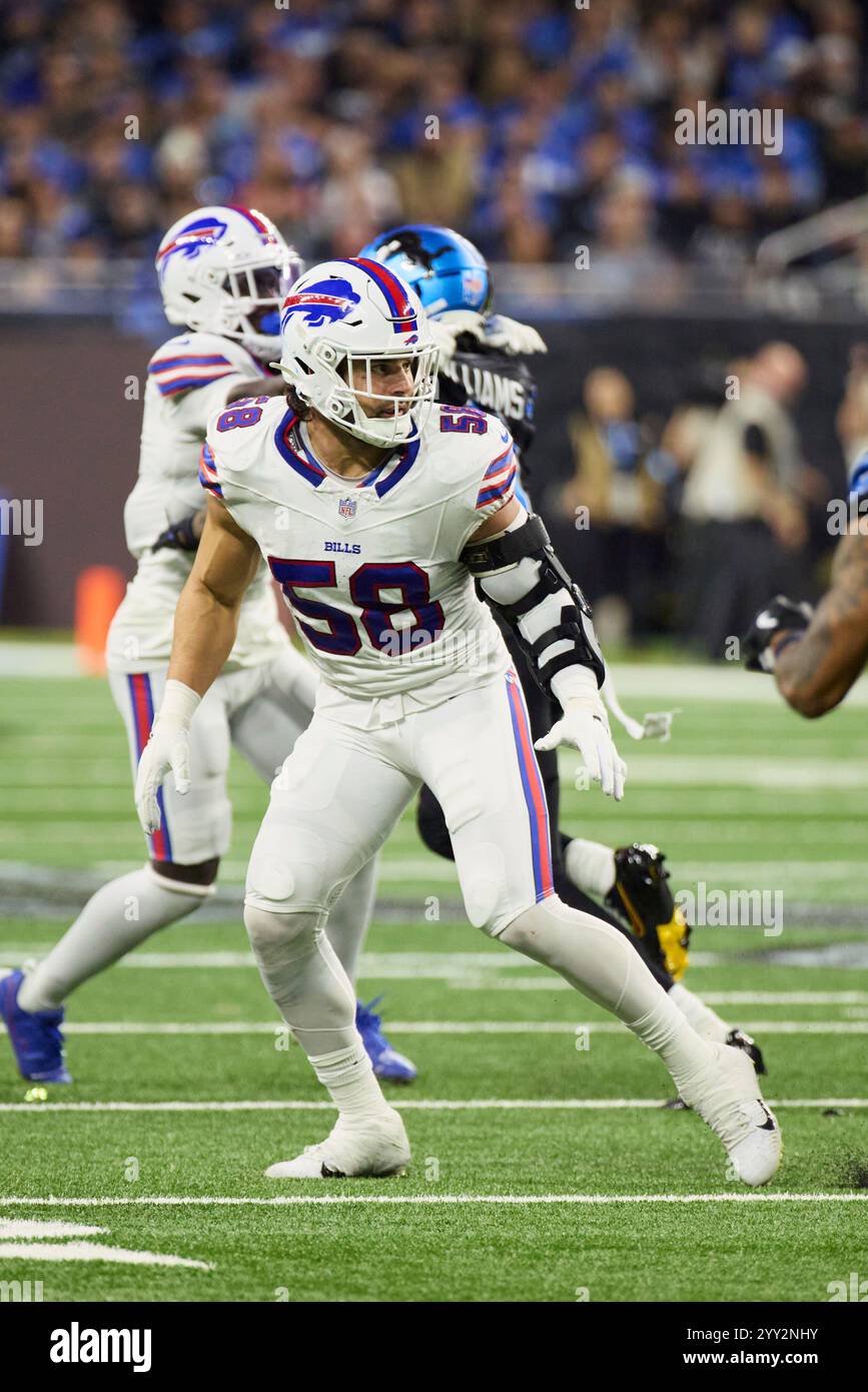 Buffalo Bills linebacker Matt Milano (58) pursues a play on defense against the Detroit Lions ...