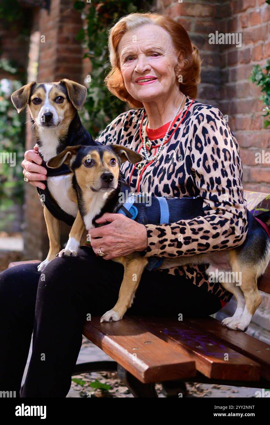 06 December 2024, Lower Saxony, Lüneburg: Brigitte Antonius, actress, sits with her dogs in the ...