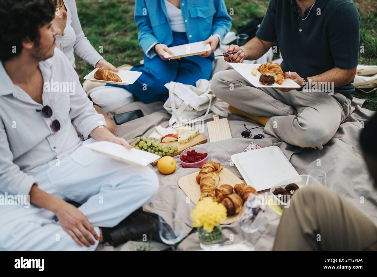 Multiracial friends having a relaxing picnic in nature on a cloudy day ...