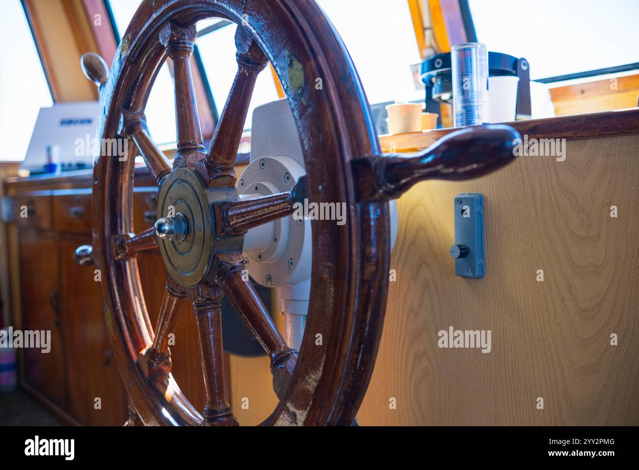 Steering wheel and captain's cabin. Sea ferry, close-up view of the ...