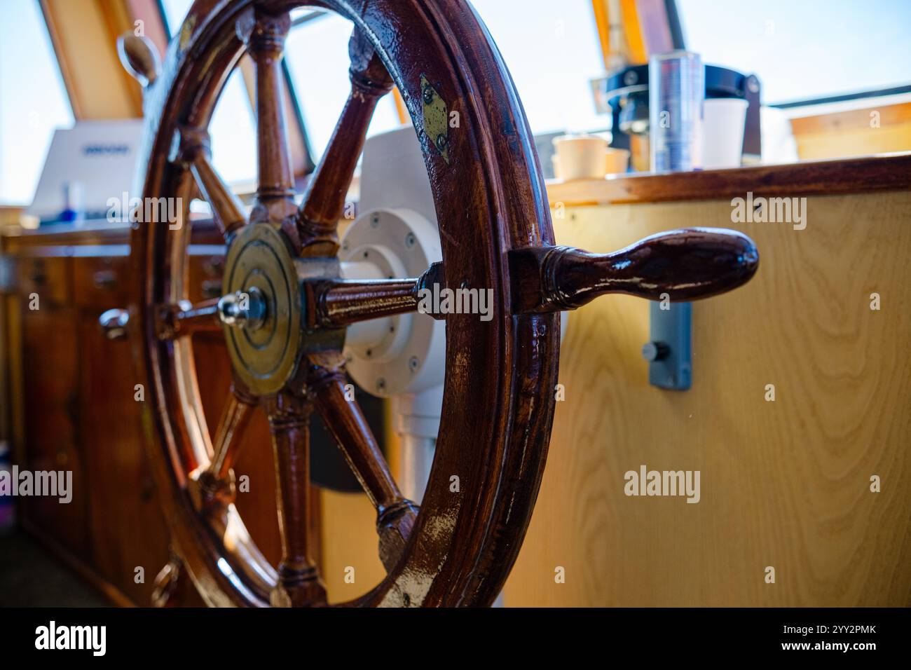 Steering wheel and captain's cabin. Sea ferry, close-up view of the ...