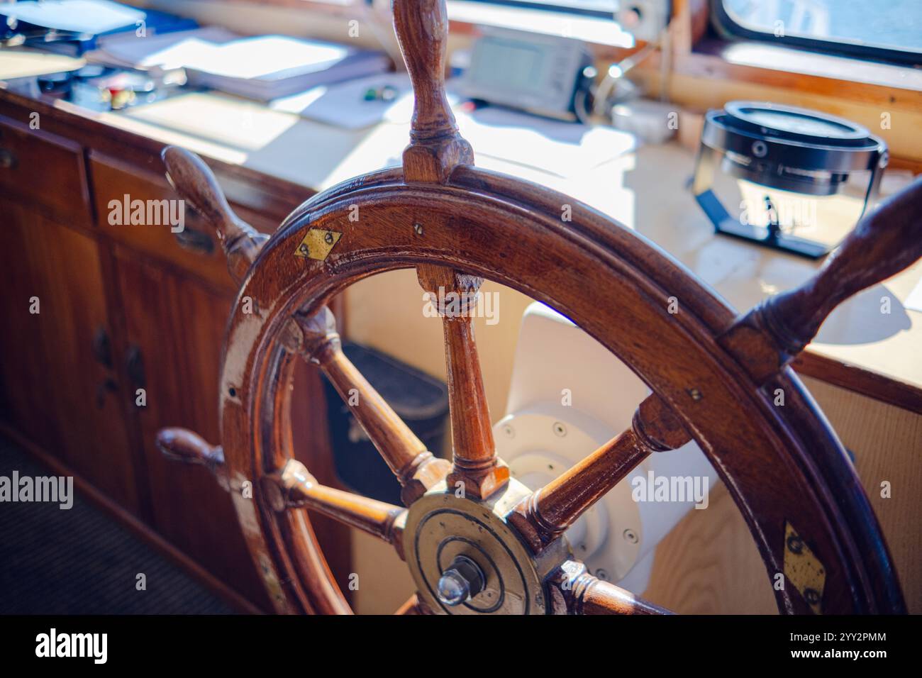 Steering wheel and captain's cabin. Sea ferry, close-up view of the ...