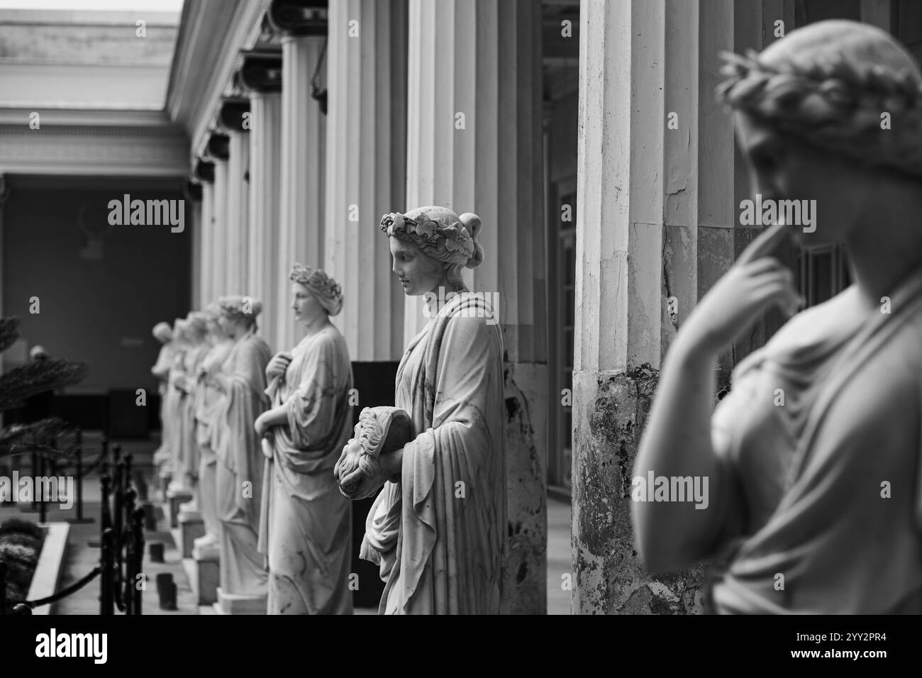 Antique statues of Women in Wreaths. The white stone statues stand in a ...