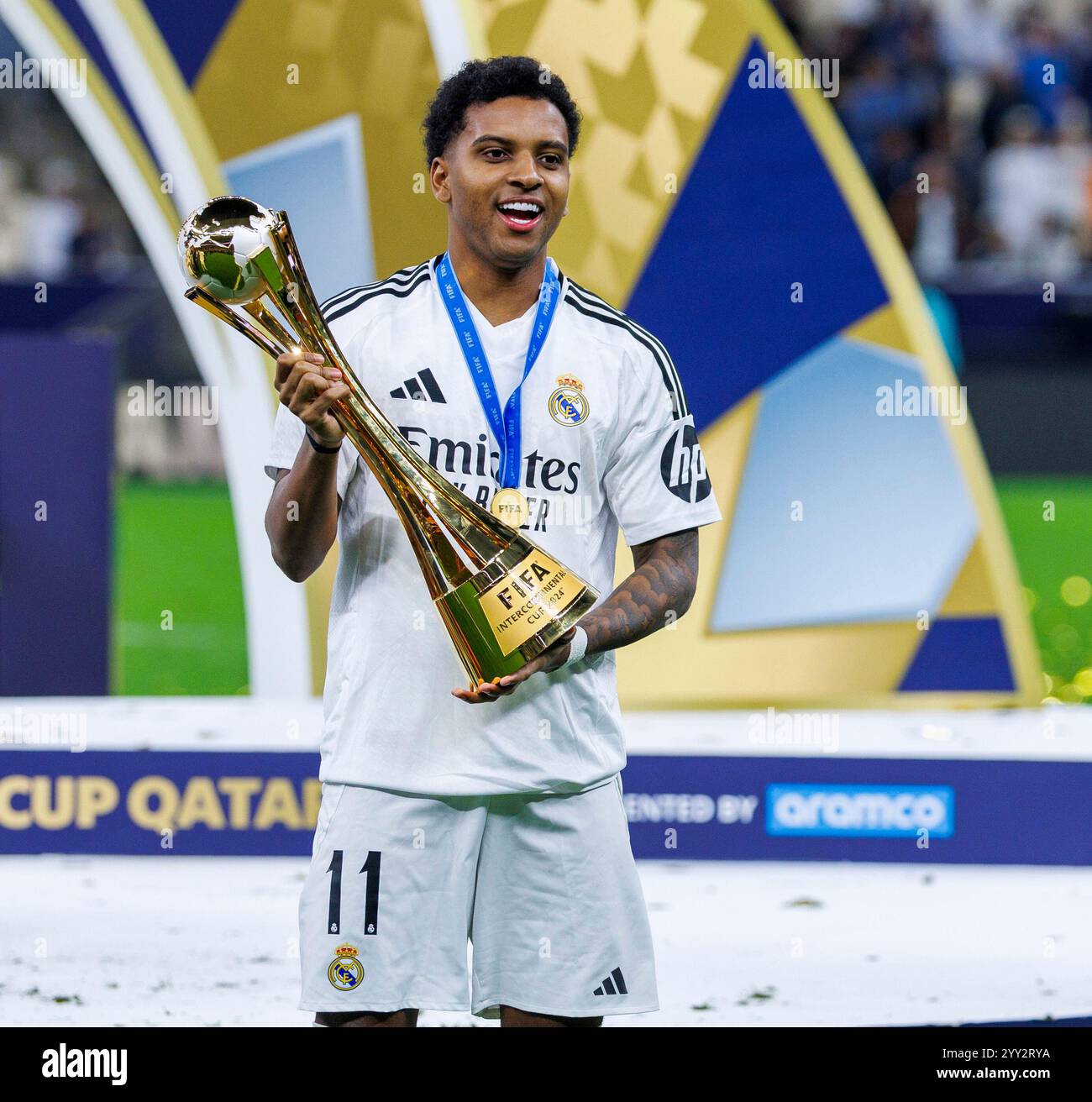 Doha, Qatar. 18th Dec, 2024. Real Madrid Rodrygo lifts the trophy in ...