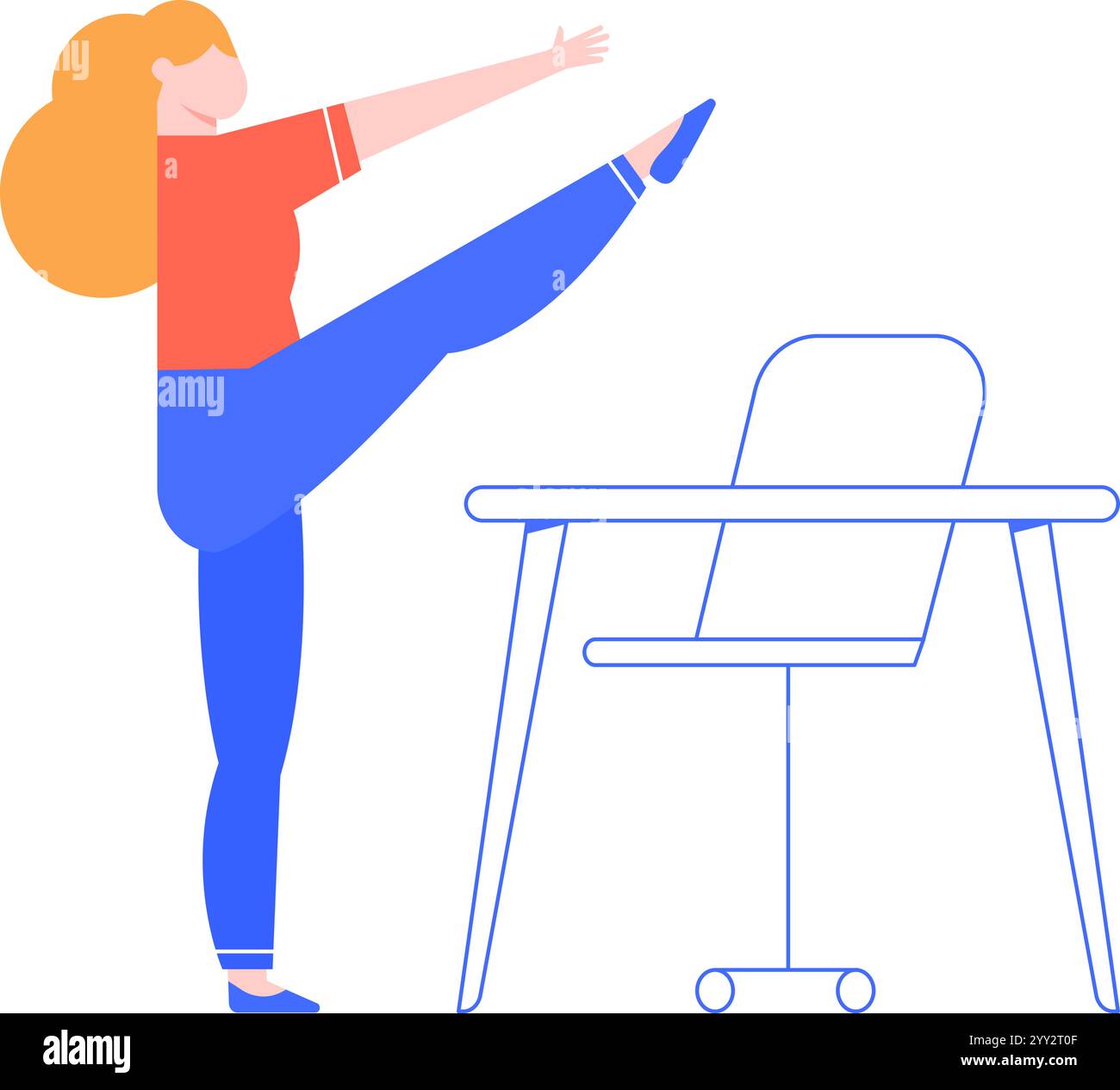 Office worker engaging in leg stretches beside desk and chair ...