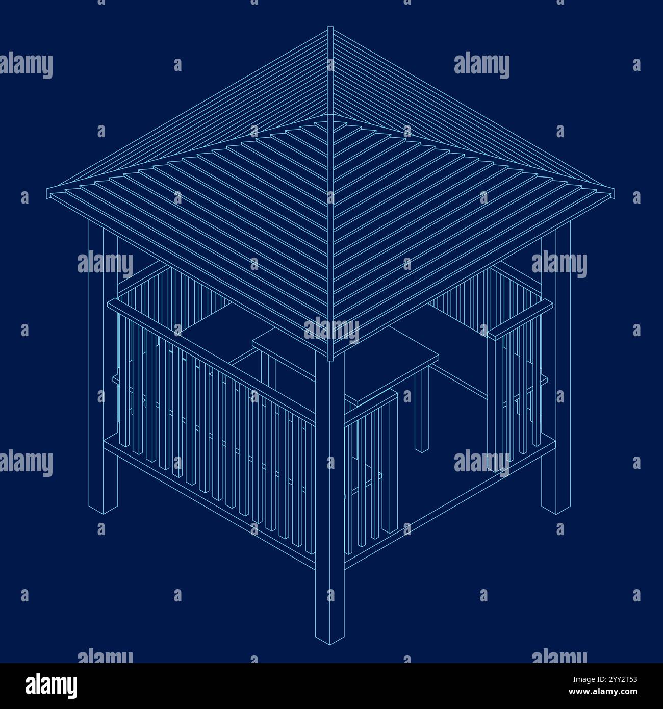 Vector illustrations contour designs of wooden gazebos. Isometric view ...