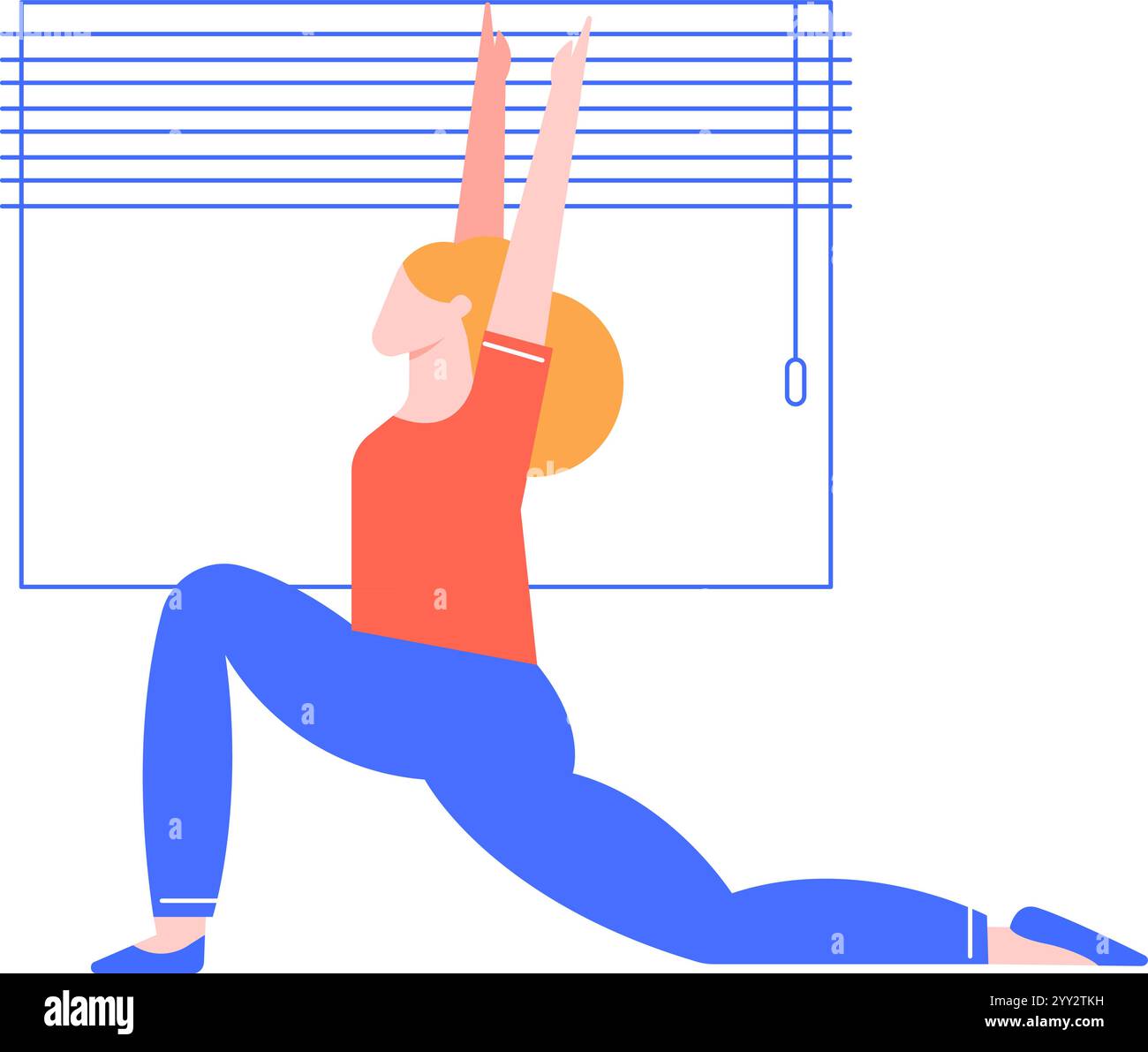 Young woman doing yoga exercise at home stretching body in warrior pose ...