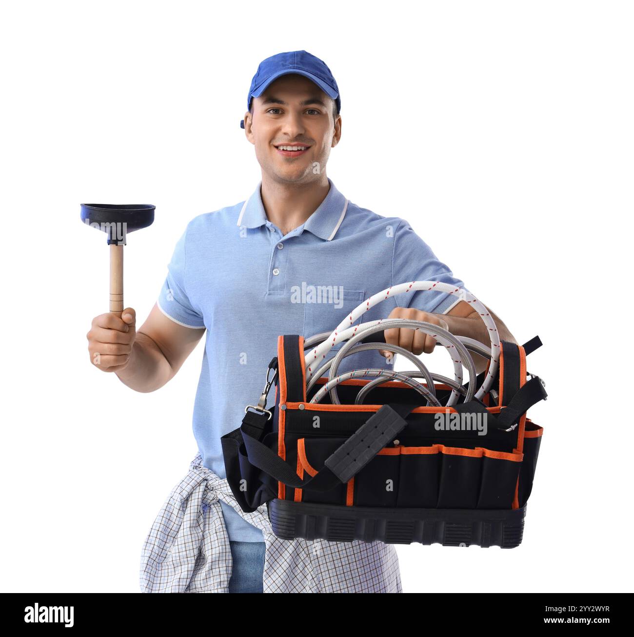 Male plumber with plunger and bag of tools on white background Stock ...