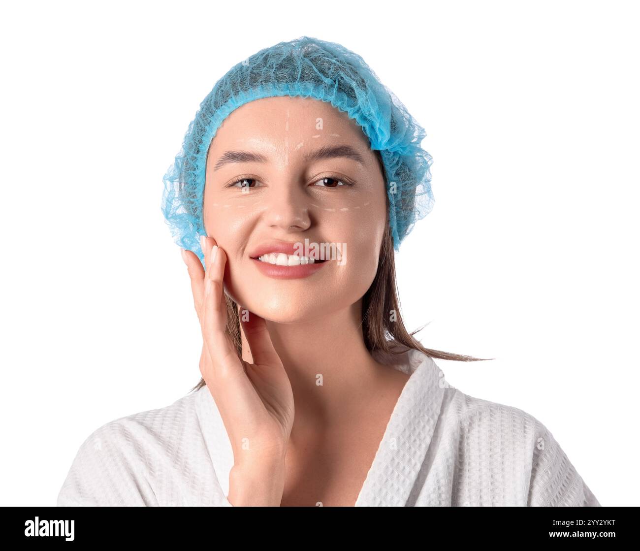 Beautiful young woman with marks on her face on white background Stock ...