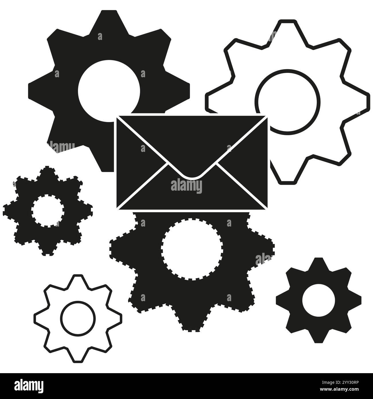 Envelope and gears. Mail system vector. Communication process icon ...